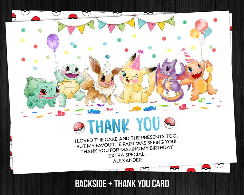 Pikachu Thank You Card Birthday Boy Editable Template Canva Printable ...