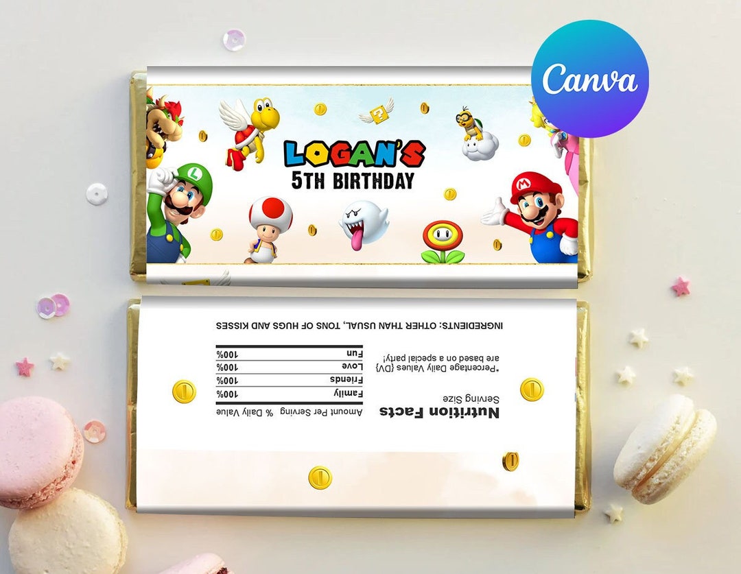 Super Mario Birthday Chocolate Wrapper Boy Mario Bros Birthday Party ...