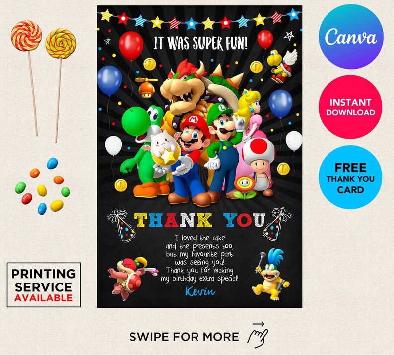 Super Mario Birthday Boy Invitation Personalized Thank You Card ...