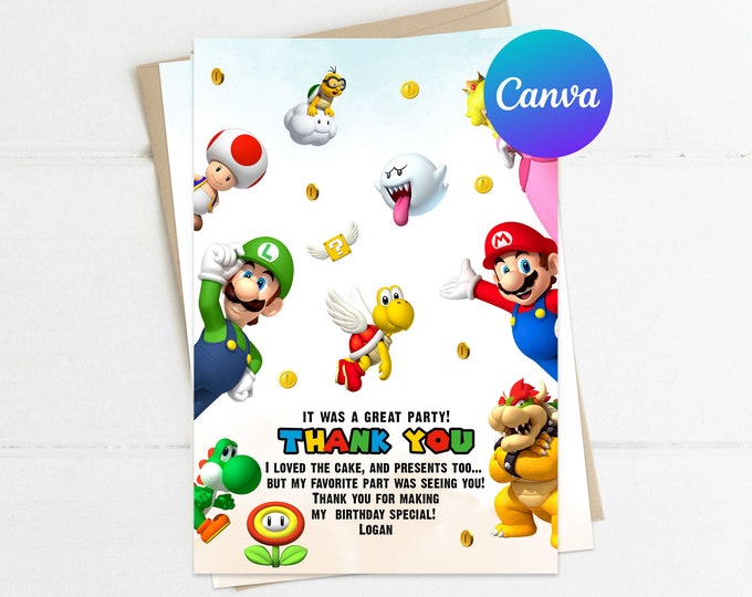 Mario Themed Thank You Card Template, Editable Super Mario Birthday Thank You Card, Super Mario ...