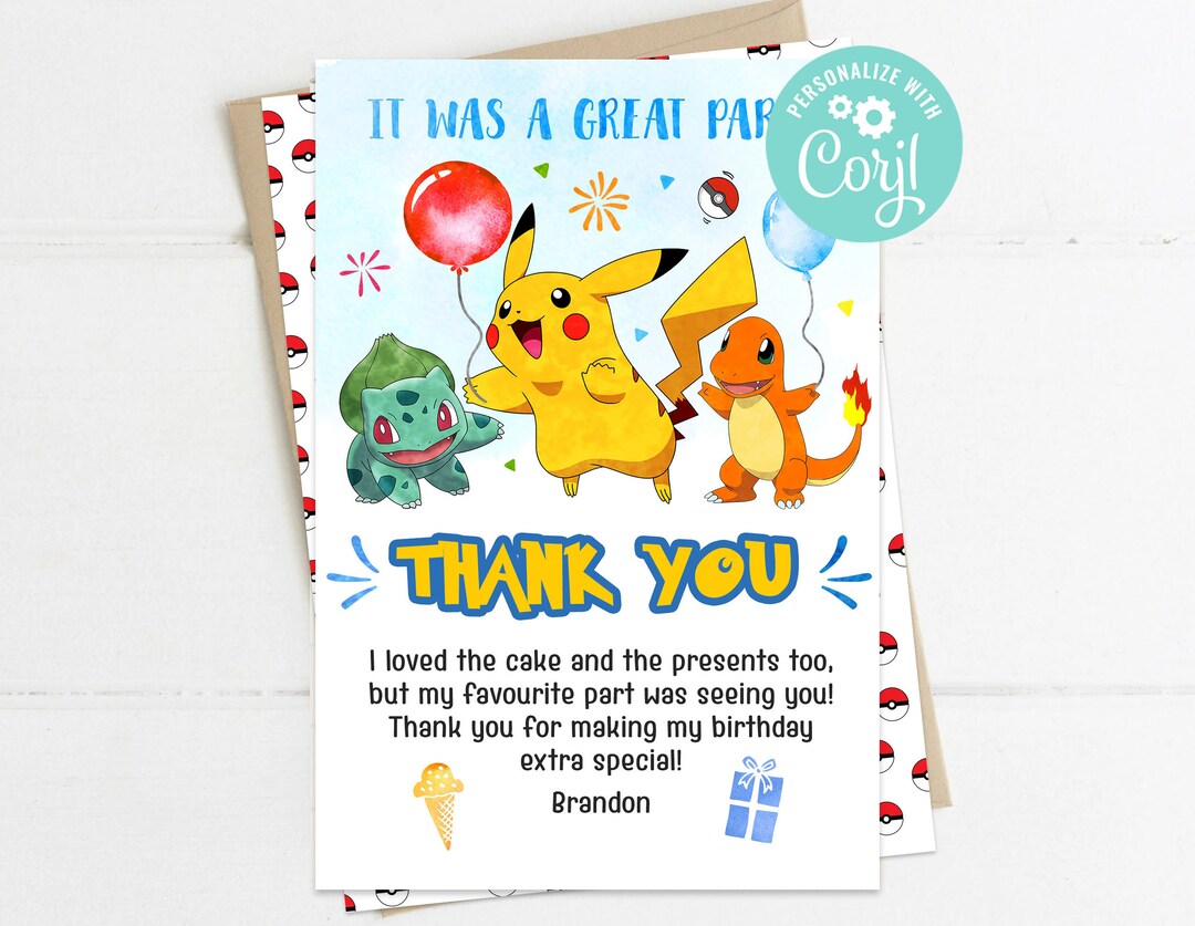 Thank You Card Pikachu Birthday Party Decoration Boy Pokemon - Etsy