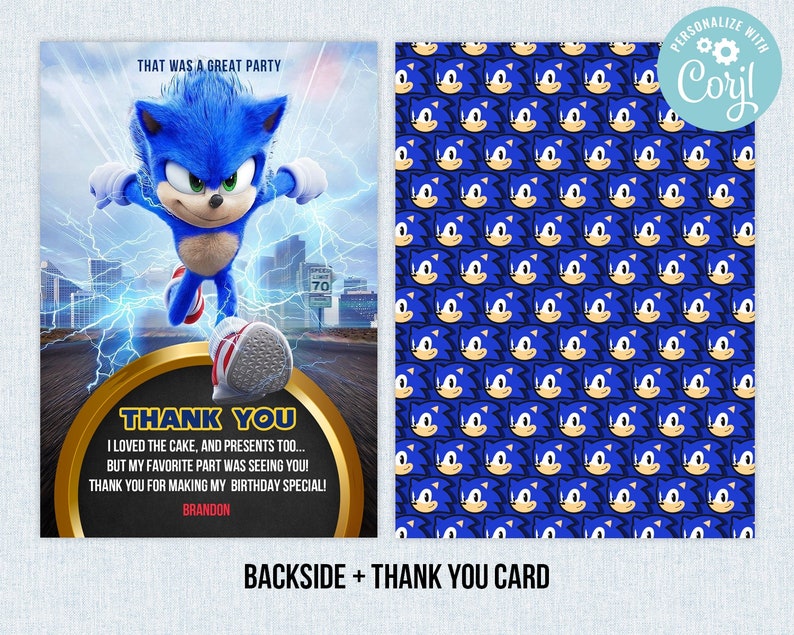 Sonic the Hedgehog Thank You Card Birthday Boy Editable - Etsy
