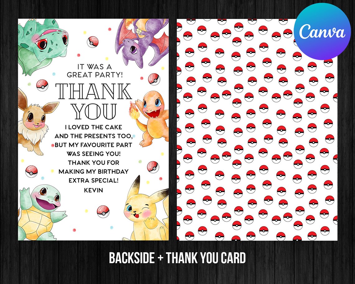 Pikachu Card Birthday Boy Invitation Printable Thank You Card Editable ...