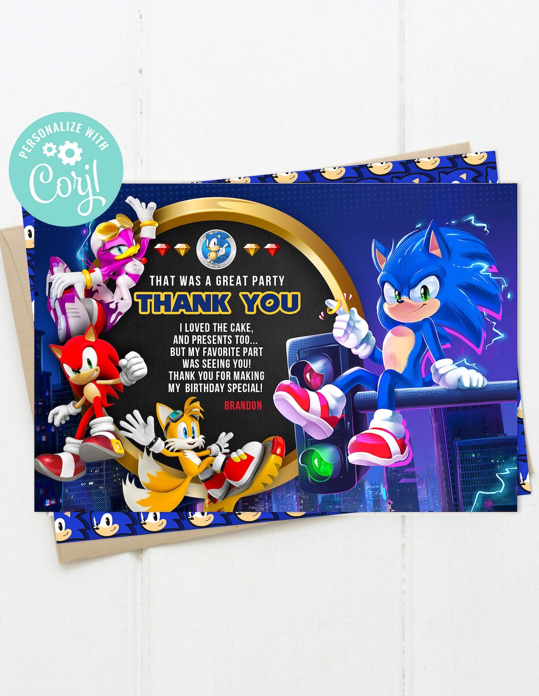 Thank You Card Sonic the Hedgehog Birthday Decoration Boy Super Sonic ...