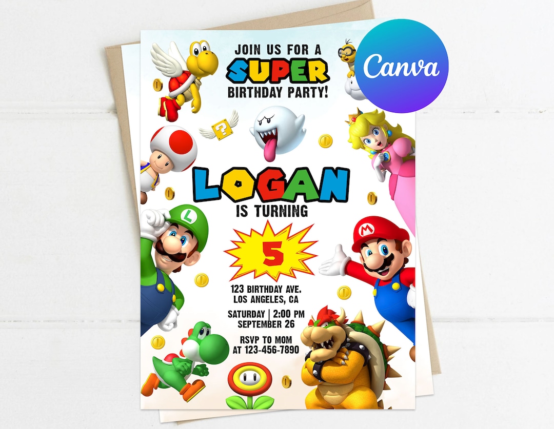 Super Mario Birthday Invitation Boy Mario Bros Birthday Party ...