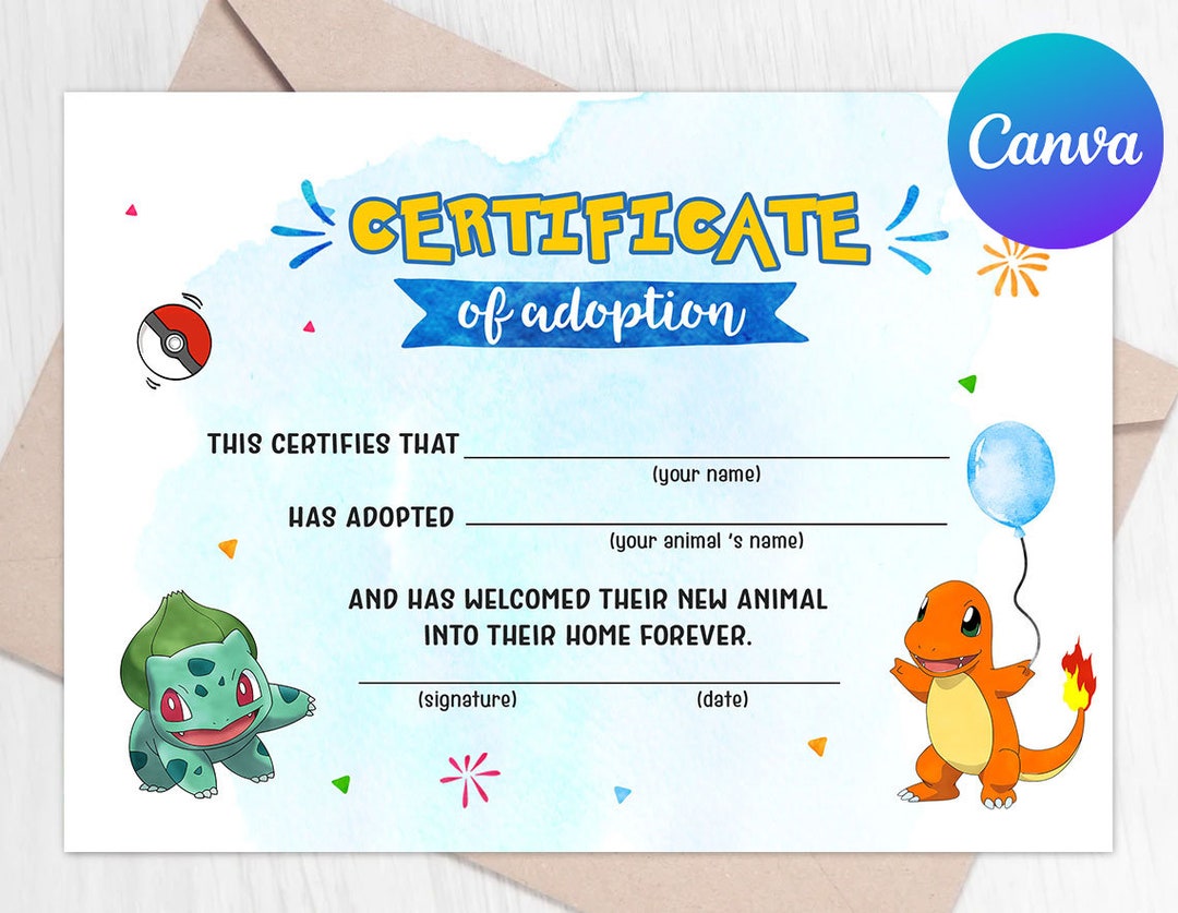 Adopt an Animal Adoption Certificate Pikachu Birthday Boy Pokemon Game ...