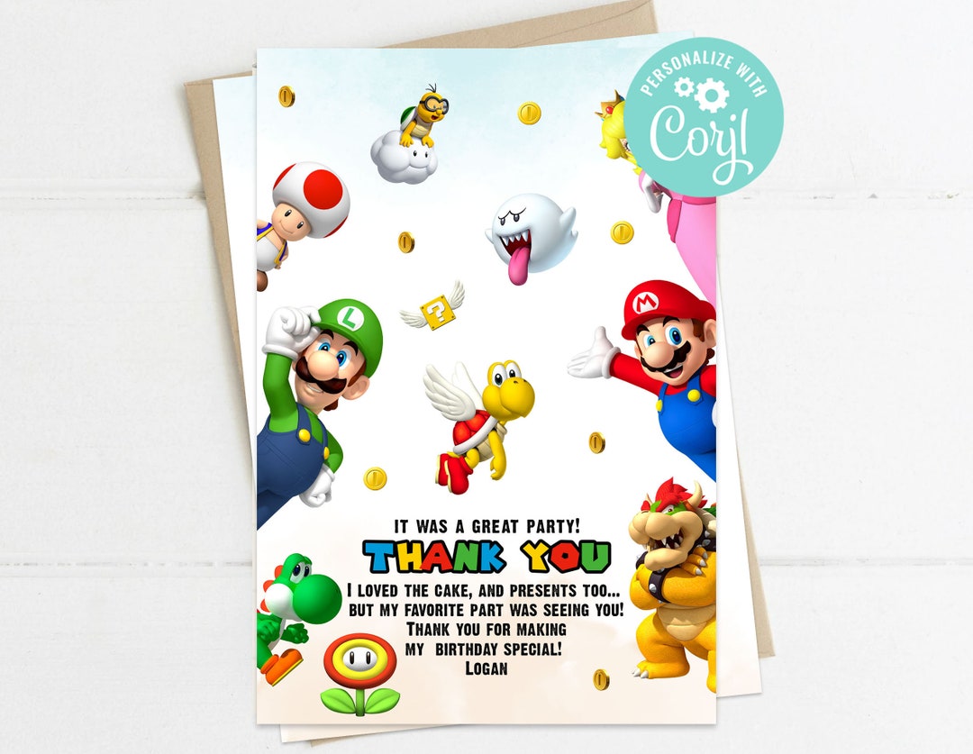 Thank You Card Super Mario Birthday Party Decoration Boy Mario - Etsy