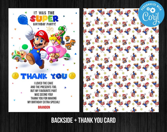 Mario Themed Thank You Card Template, Editable Super Mario Birthday Thank You Card, Super Mario ...