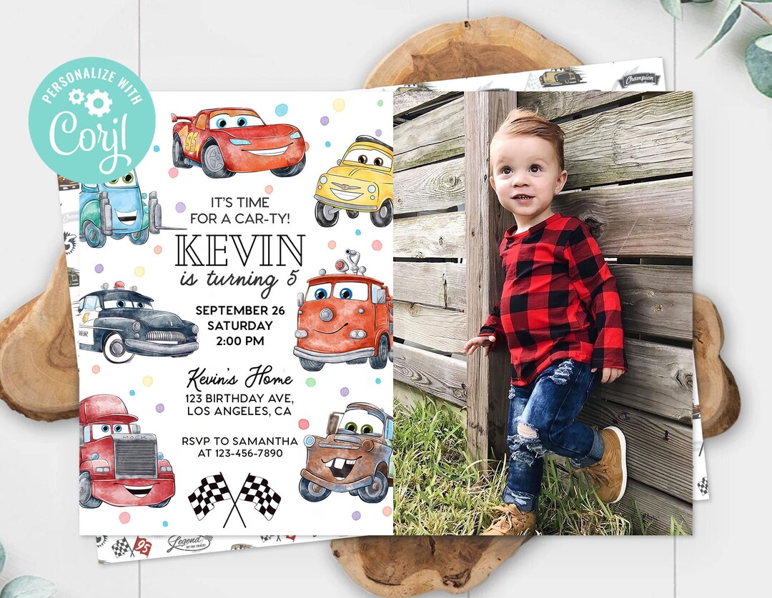 Cars Birthday Invitation Card Photo Picture Boy Lighting Mcqueen Race ...