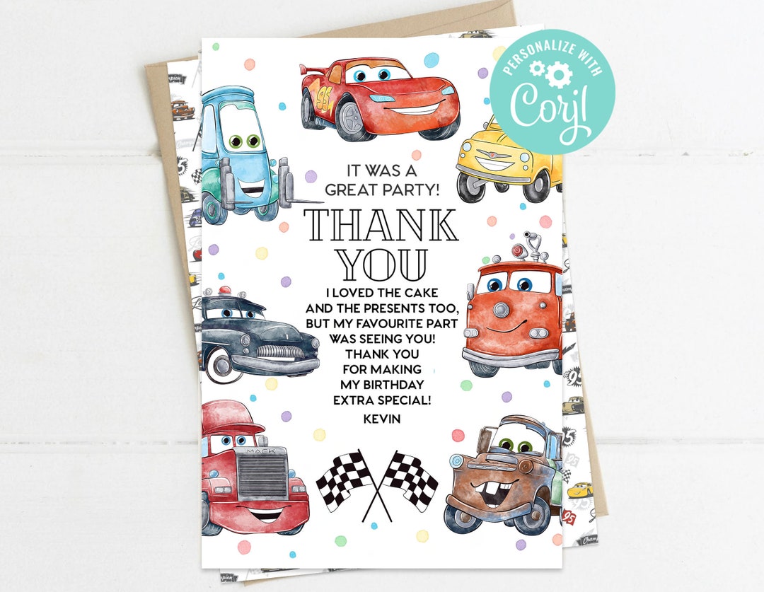 Thank You Card Cars Birthday Party Decoration Boy Lighting Mcqueen Race ...