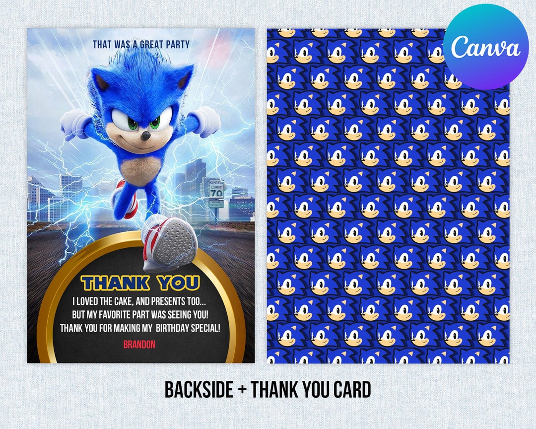 Sonic the Hedgehog Thank You Card Birthday Boy Editable Template Corjl ...