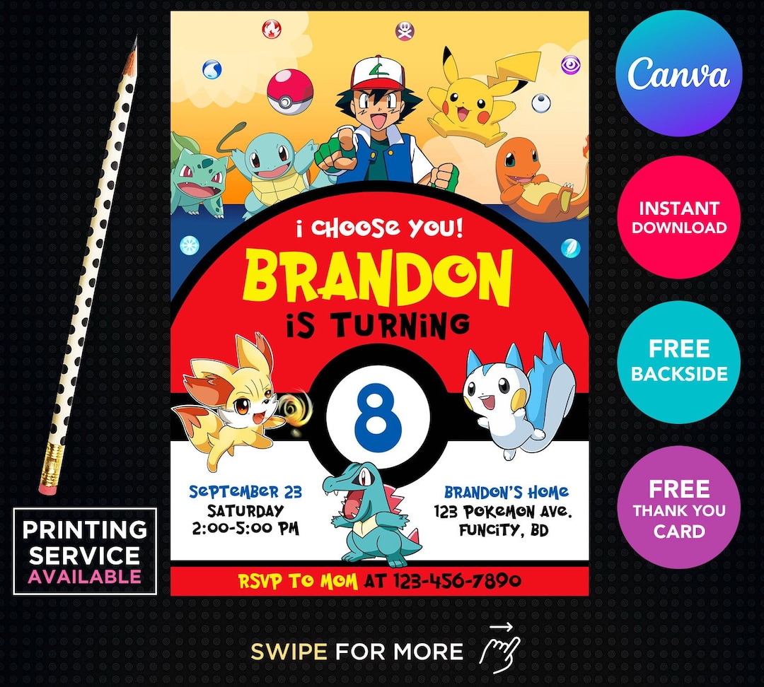 Pikachu Card Birthday Boy Invitation Printable Invite Editable Template ...