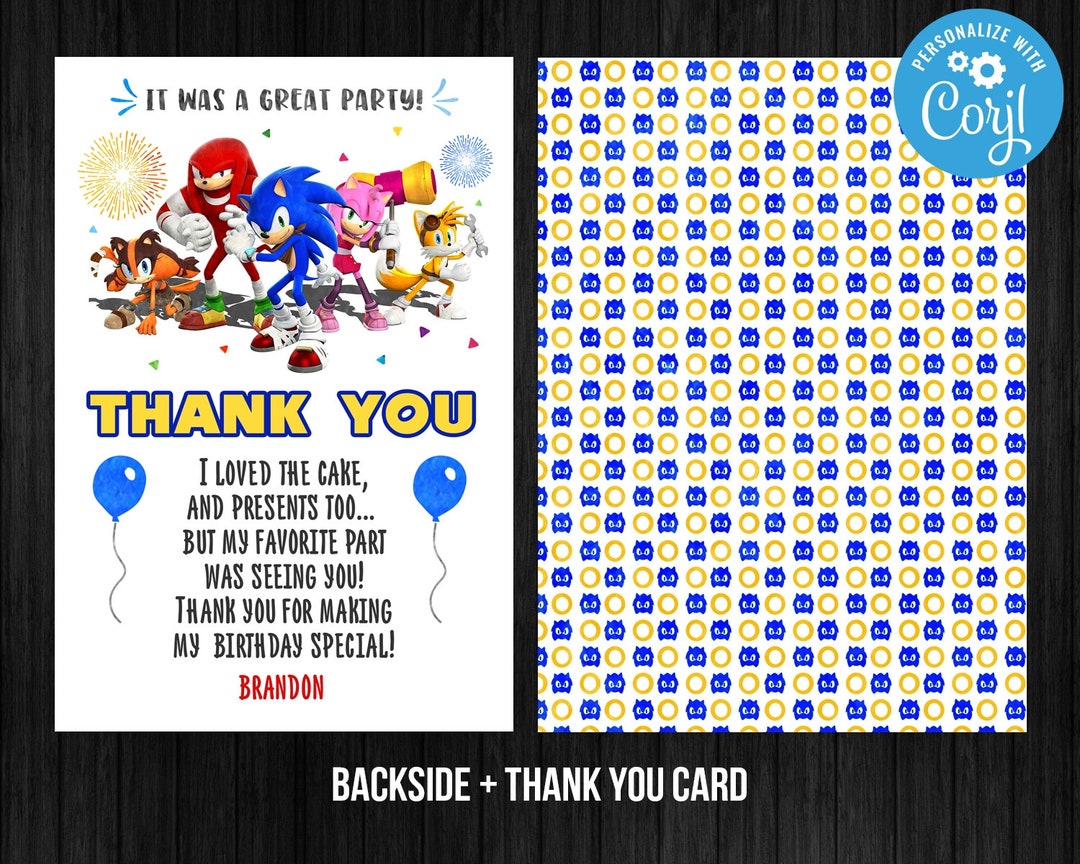 Sonic the Hedgehog Thank You Card Birthday Boy Editable Template Corjl ...