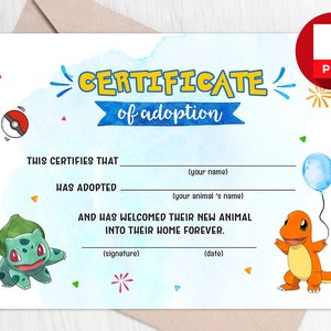 Adopt an Animal Adoption Certificate Pikachu Birthday Boy Pokemon Game ...