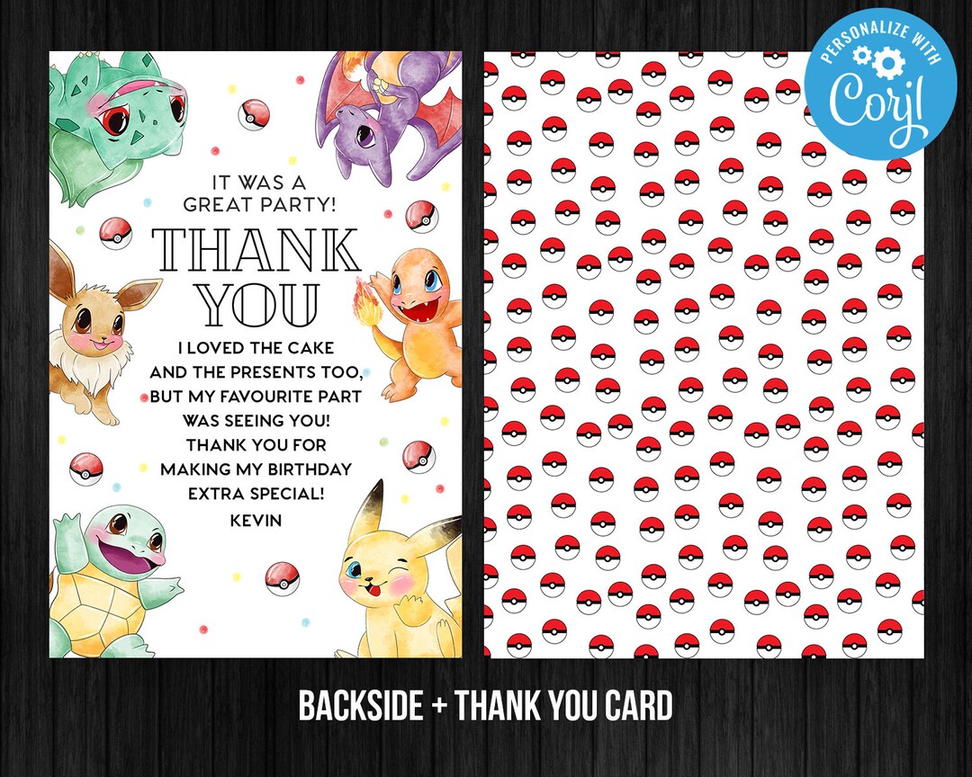 Pikachu Thank You Card Birthday Boy Editable Template Corjl Printable ...