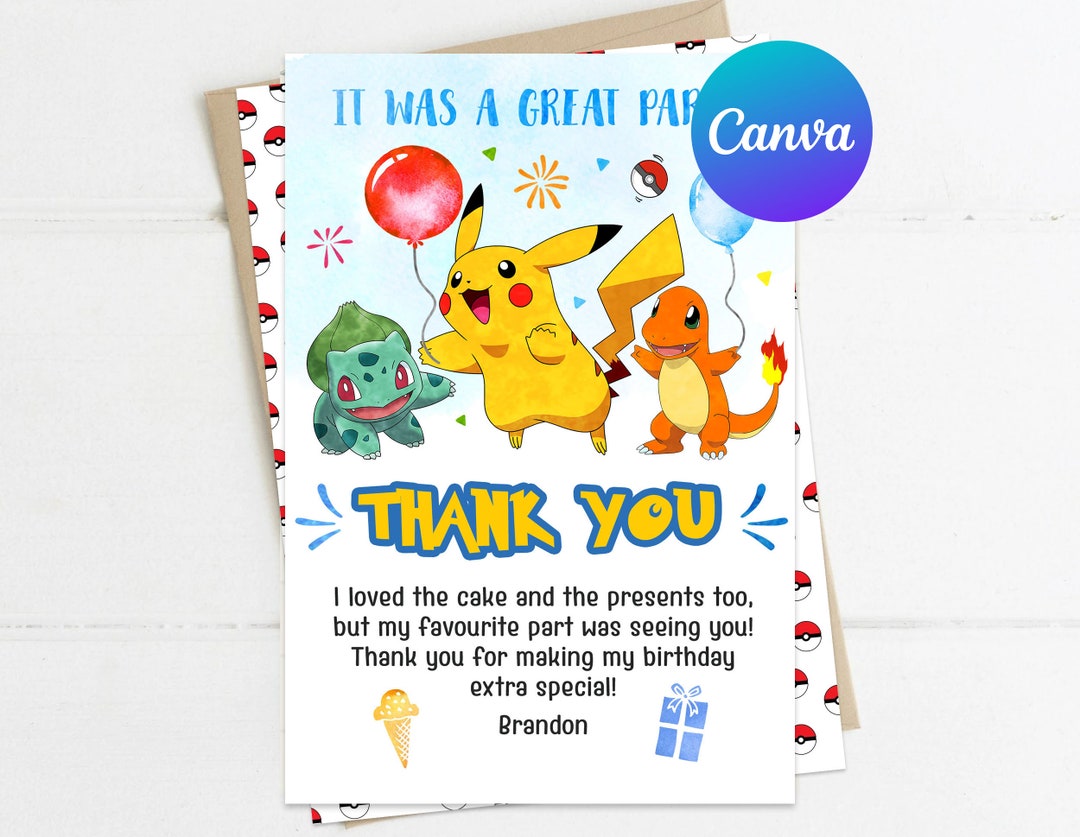 Thank You Card Pikachu Birthday Party Decoration Boy Pokemon Game Party ...
