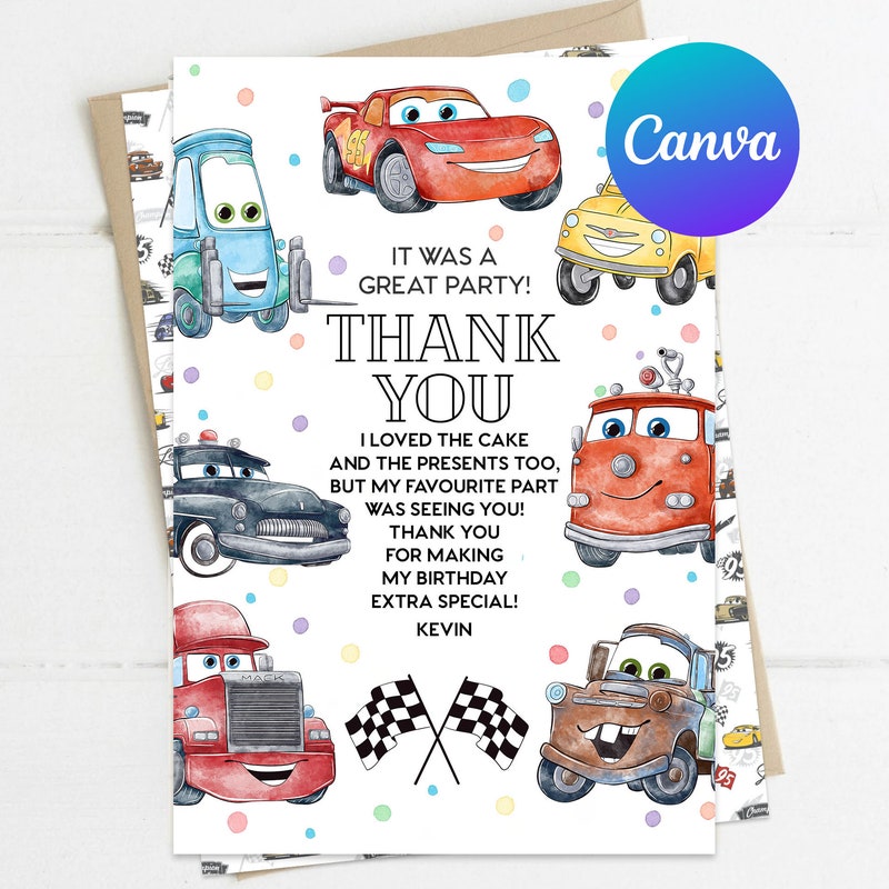 Cars Lightning Mcqueen Thank You Card - Etsy