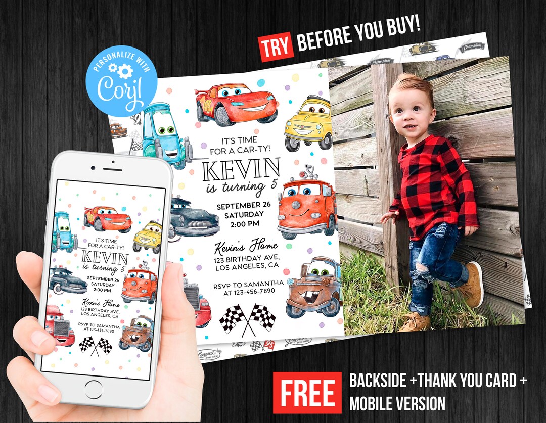 Cars Birthday Invitation Cars Photo Picture Boy Digital - Etsy