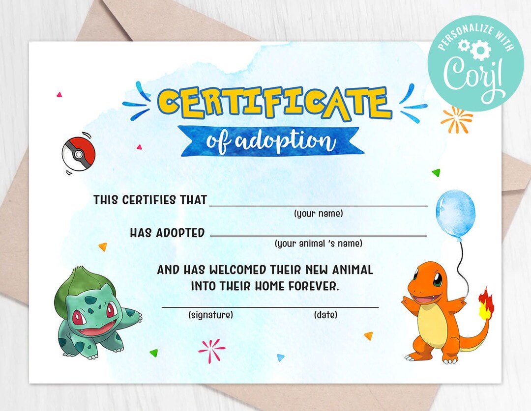 Adopt an Animal Adoption Certificate Pikachu Birthday Boy - Etsy