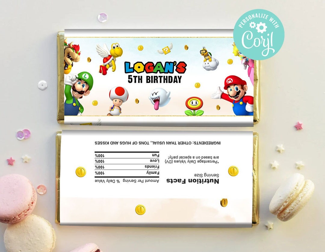 Super Mario Birthday Chocolate Wrapper Boy Mario Bros Birthday Party ...