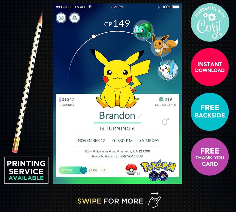 Pikachu Card Birthday Boy Invitation Printable Invite Editable - Etsy