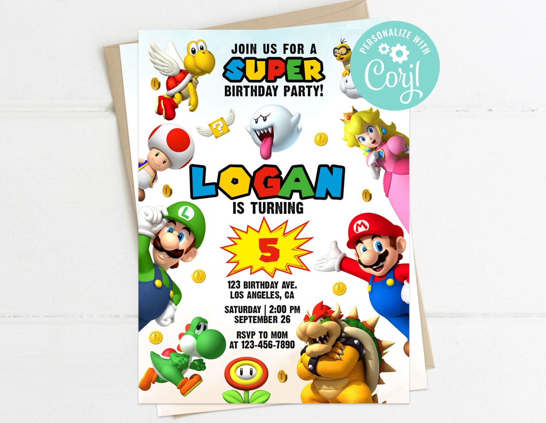 Super Mario Birthday Invitation Boy Mario Bros Birthday Party ...
