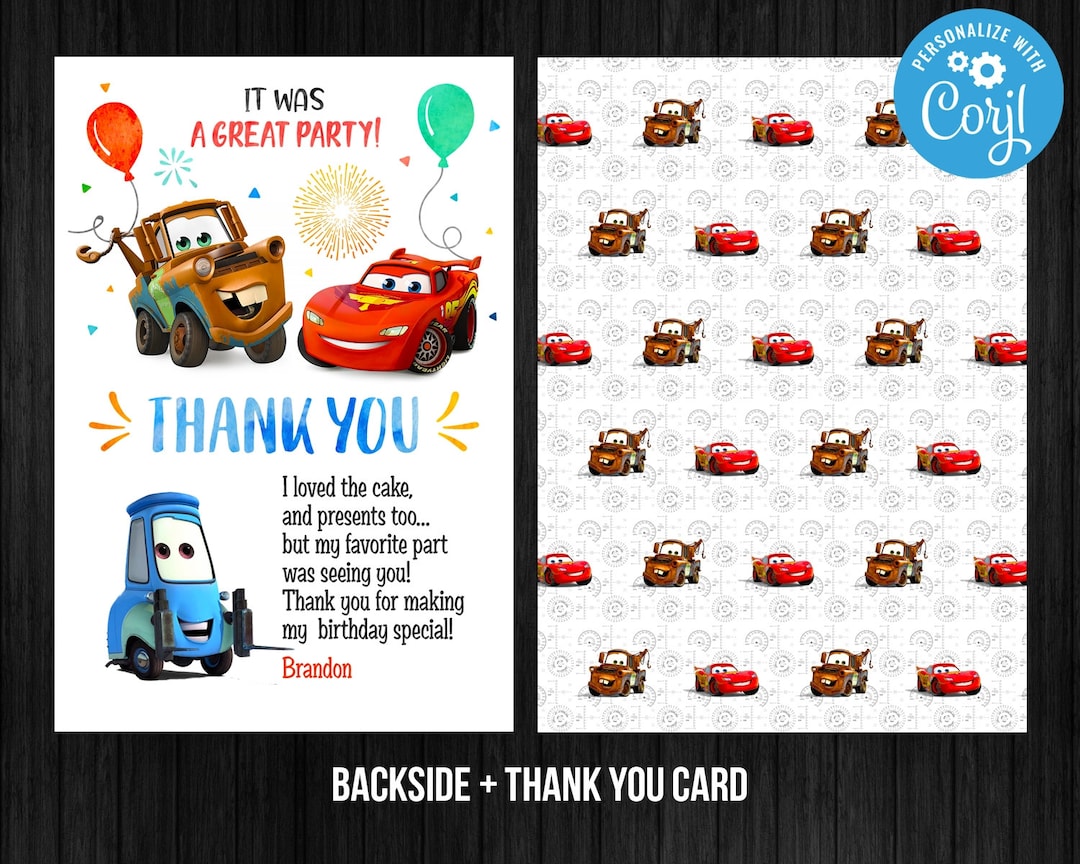 Lighting Mcqueen Cars Thank You Card Birthday Boy Editable Template ...
