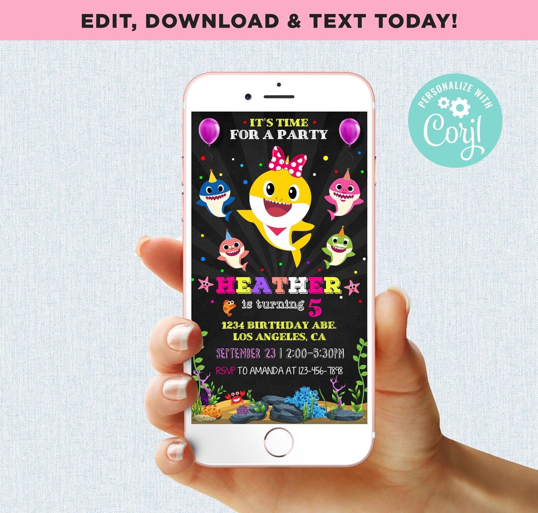 Kids Shark Birthday Girl Mobile Phone Text Invitation Electronic Email ...