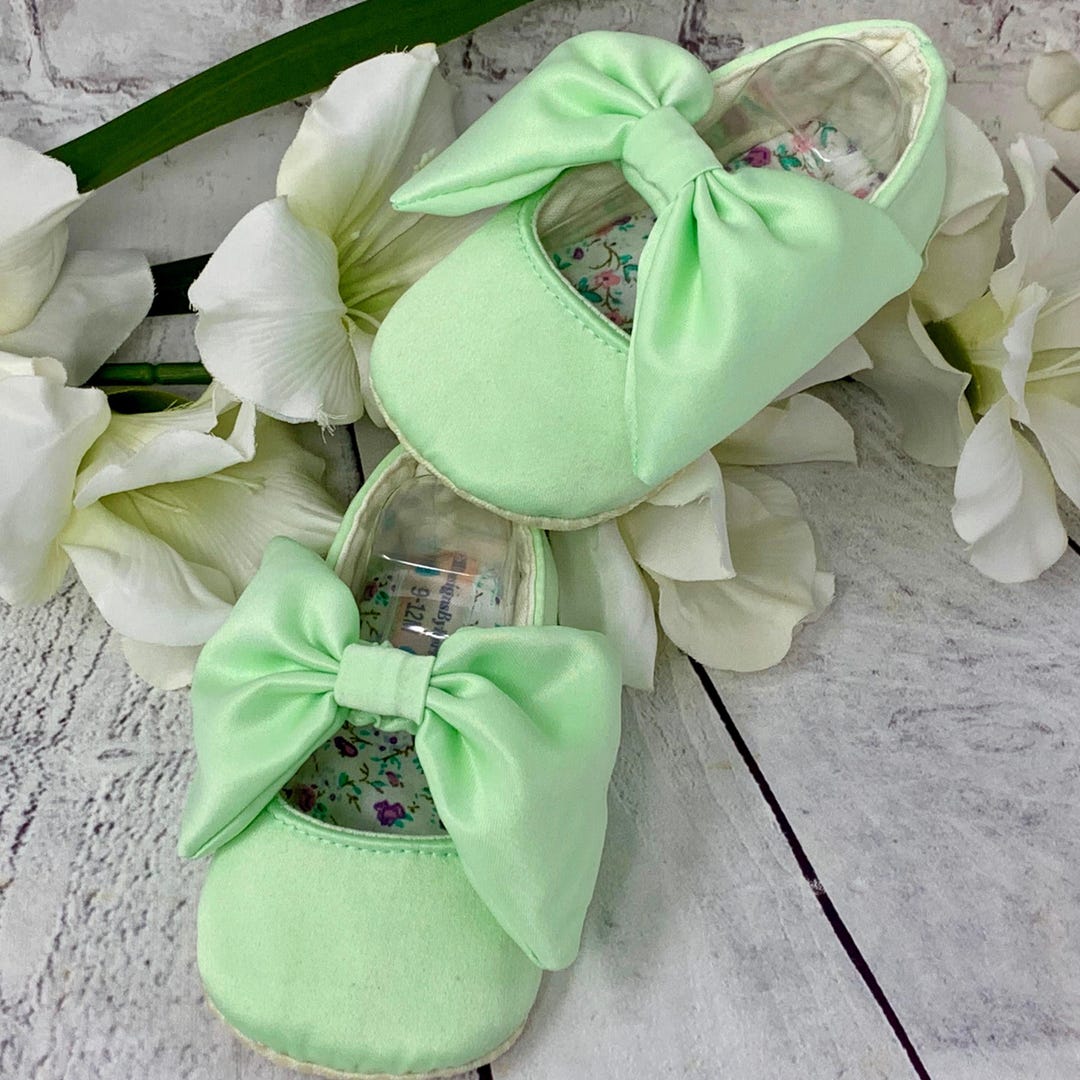 Mint Green Satin Fabric Flower Girl Baby Bow Shoes,bridal Wedding Party ...