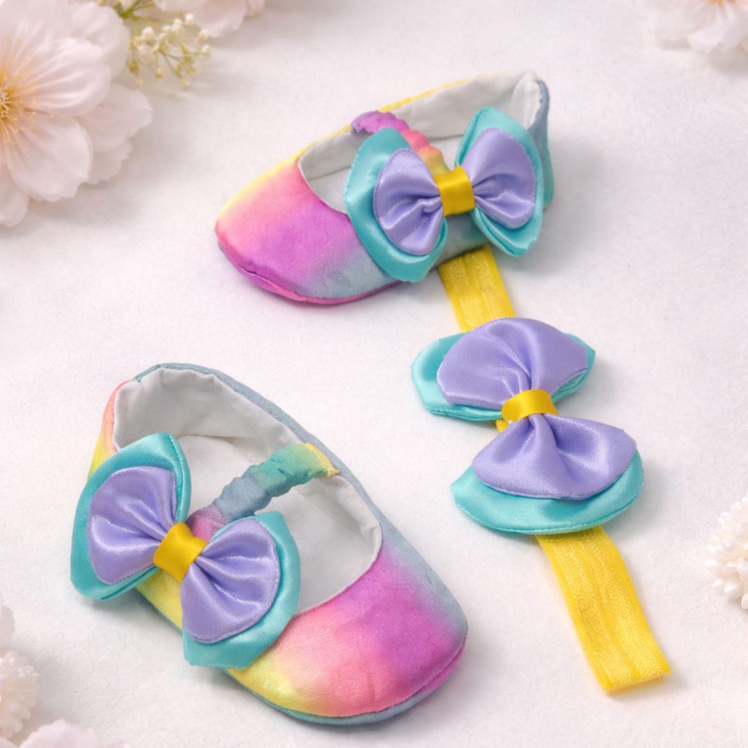 Pastel Rainbow Baby Shoes & Headband Set | Unicorn Satin Infant Shoes ...