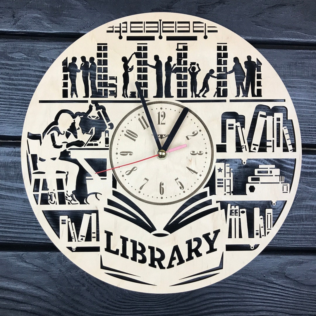 Library Wall Clock Wood Gift for Men Women 5th Anniversary Reading ...