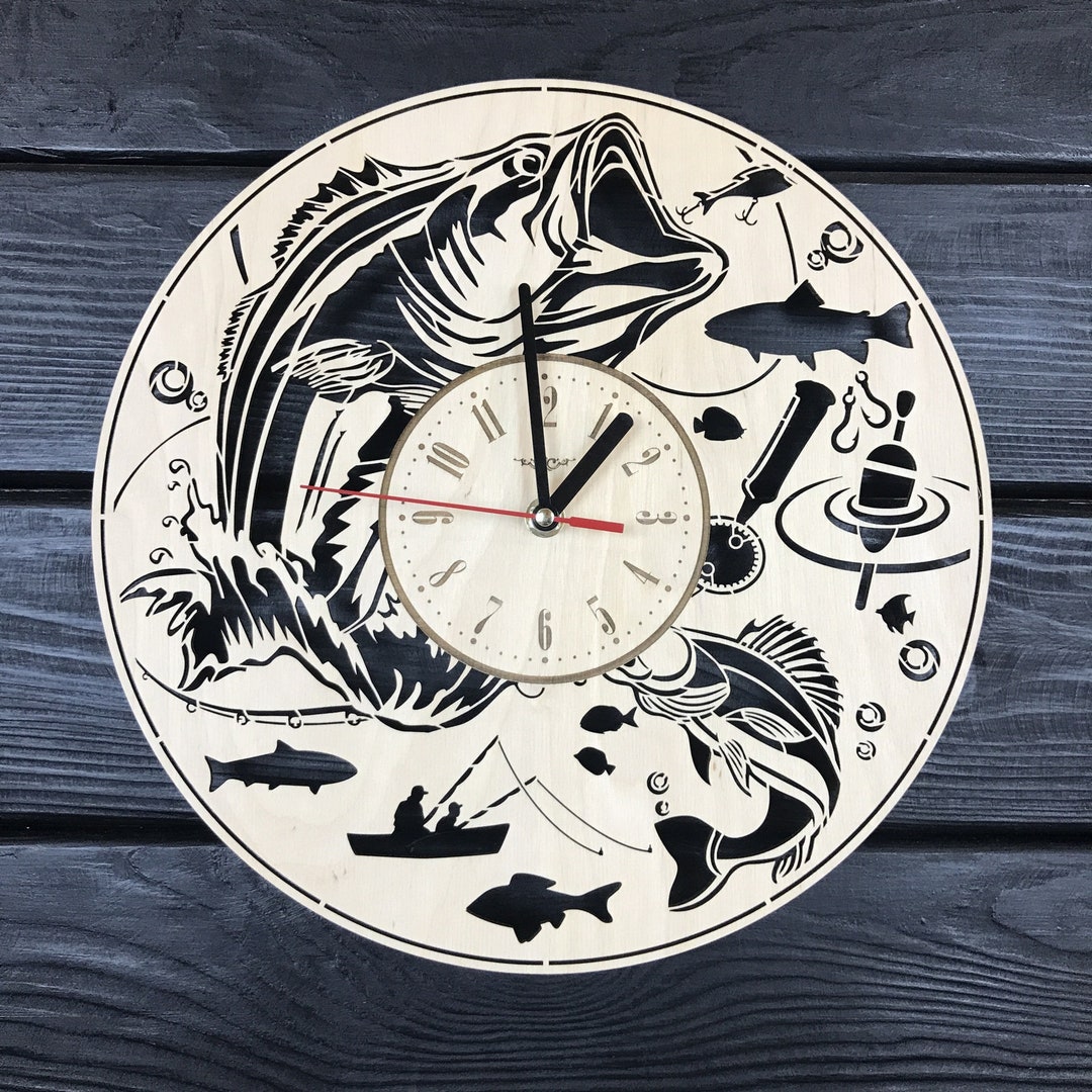 Fishing Wall Clock Wood Gift for Men Fisherman Gift 5th Anniversary ...