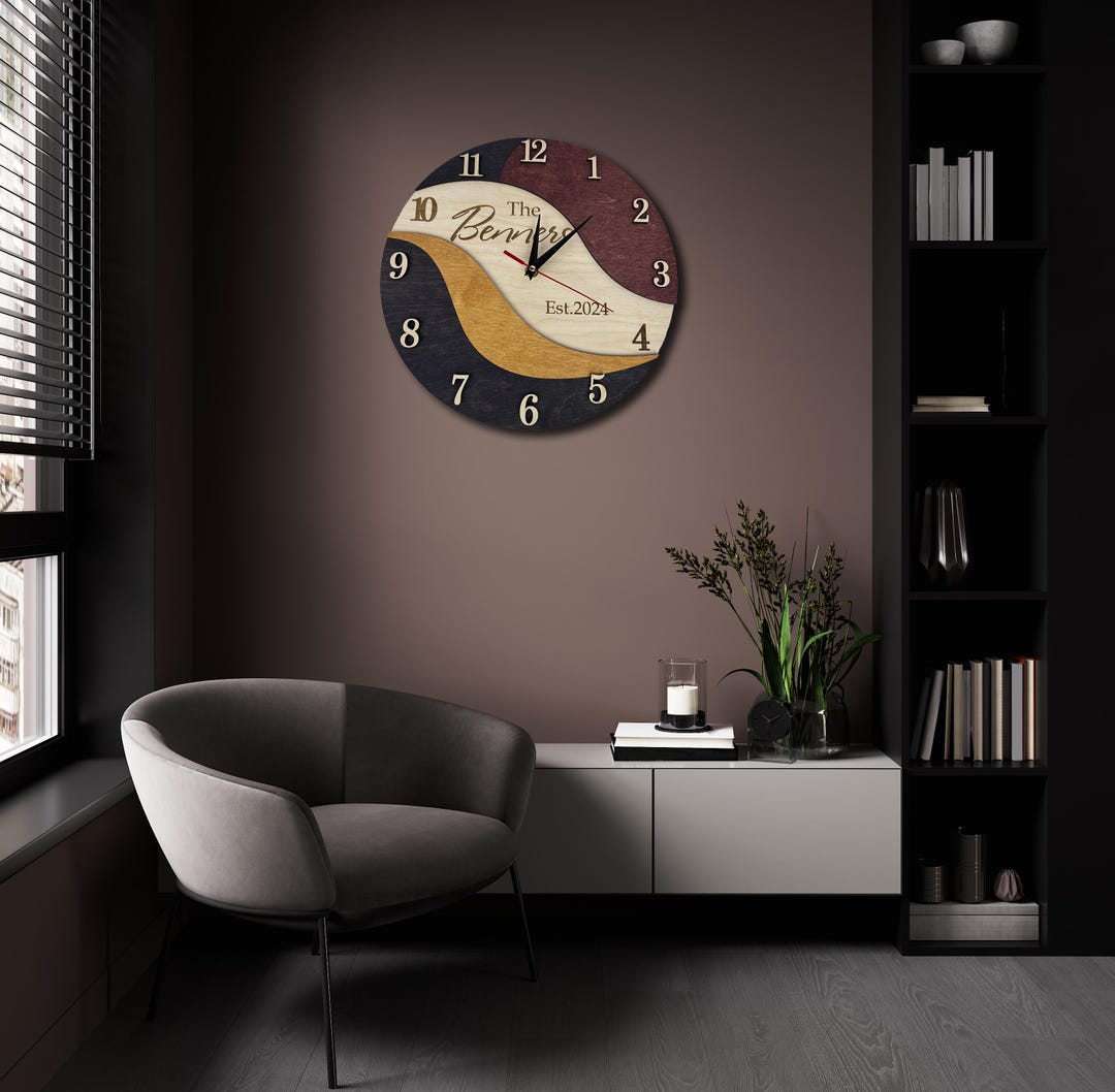 Large Wall Family Name Clock, Wooden Engraved Custom Clock, Wood ...