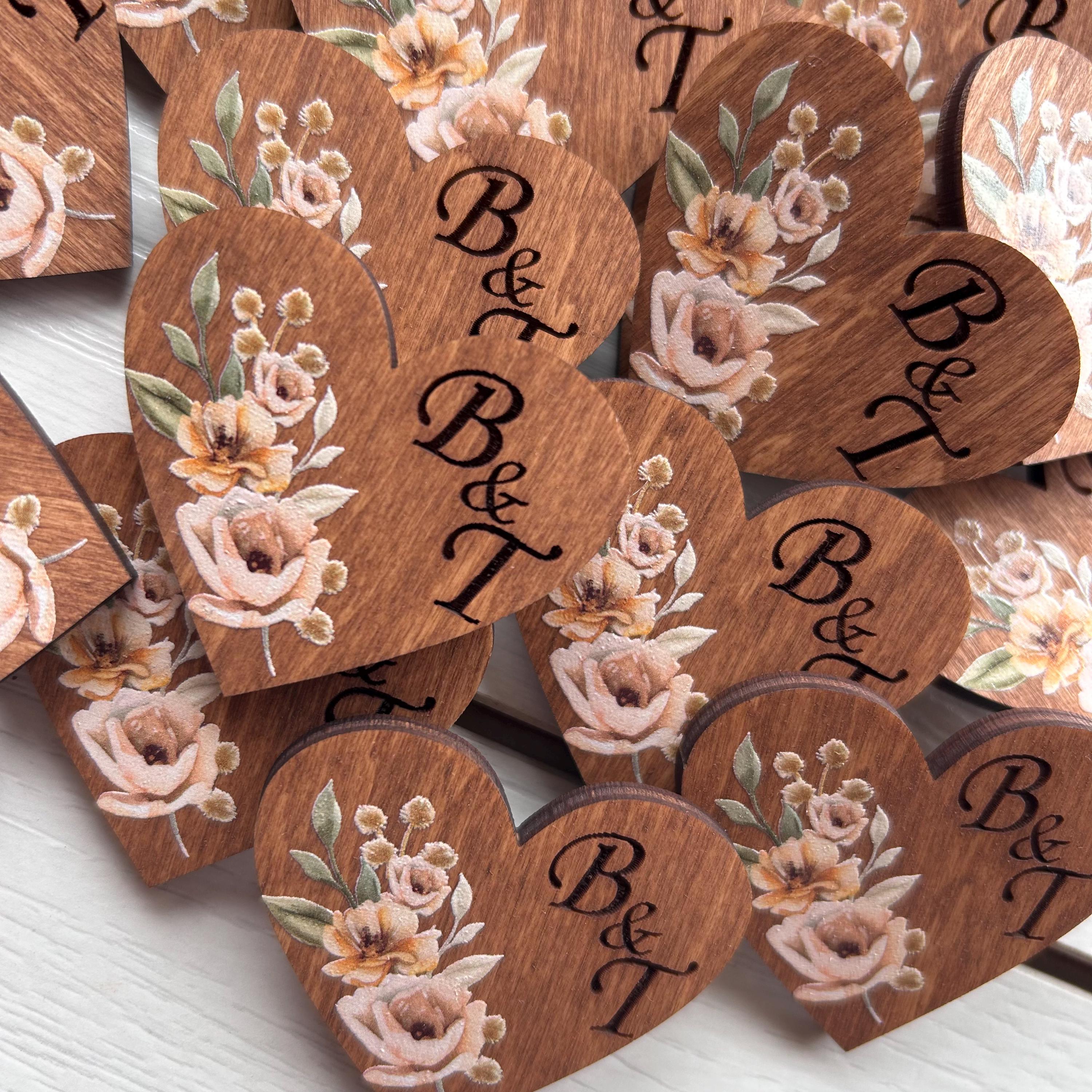 Rustic Autumn Wedding Guests Boutonnieres, Wooden Heart Name Badges ...