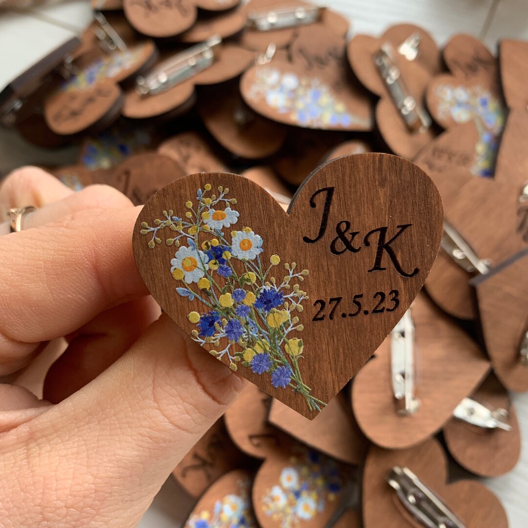 Custom Rustic Blue Yellow Heart Shaped Boutonniere, Engraved Wedding ...