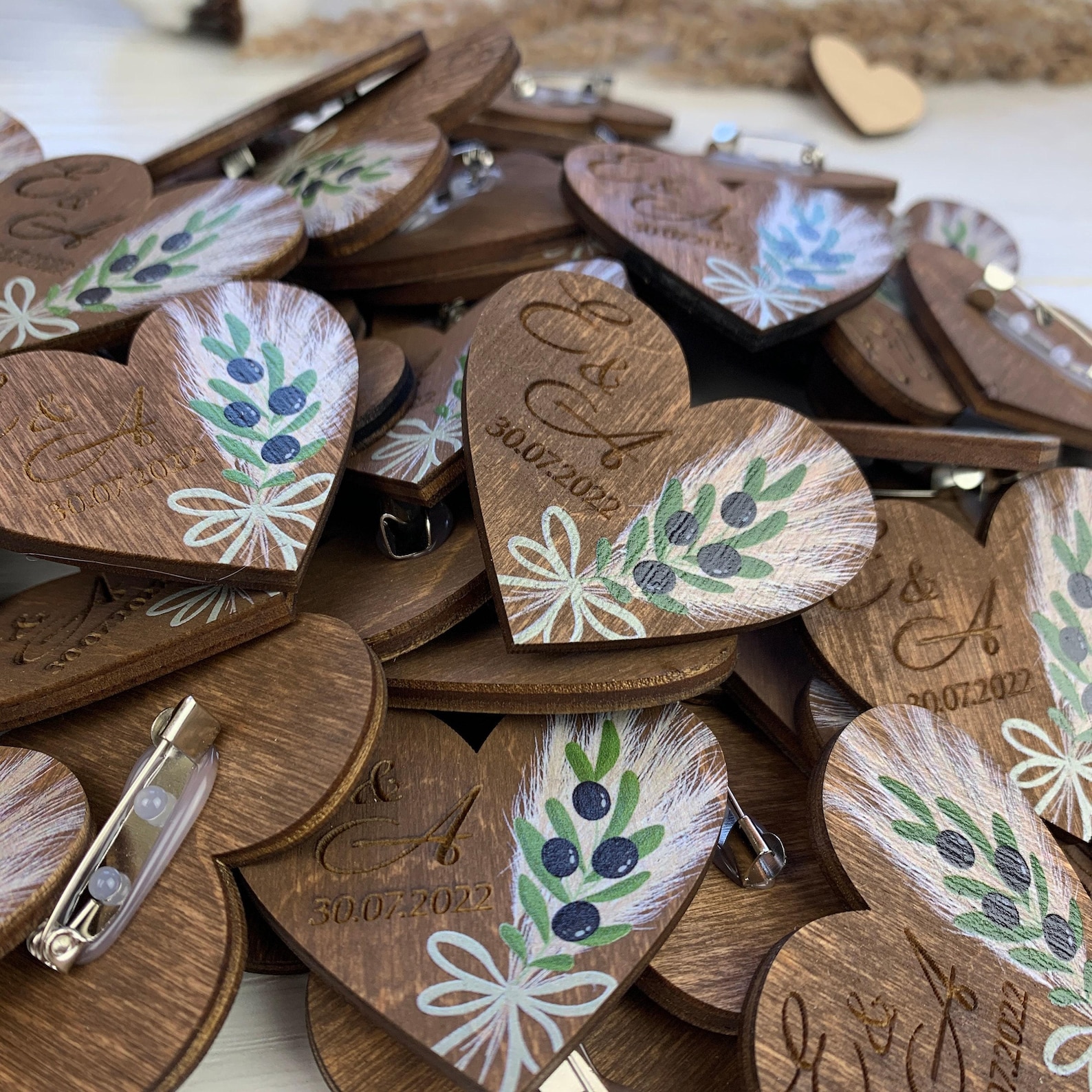Boho Guests Boutonnieres, Custom Name Badge, Wooden Heart Pin, Unique ...