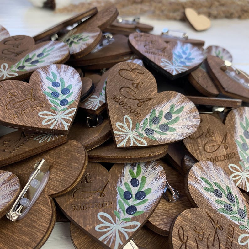 Boho Guests Boutonnieres, Custom Name Badge, Wooden Heart Pin, Unique ...