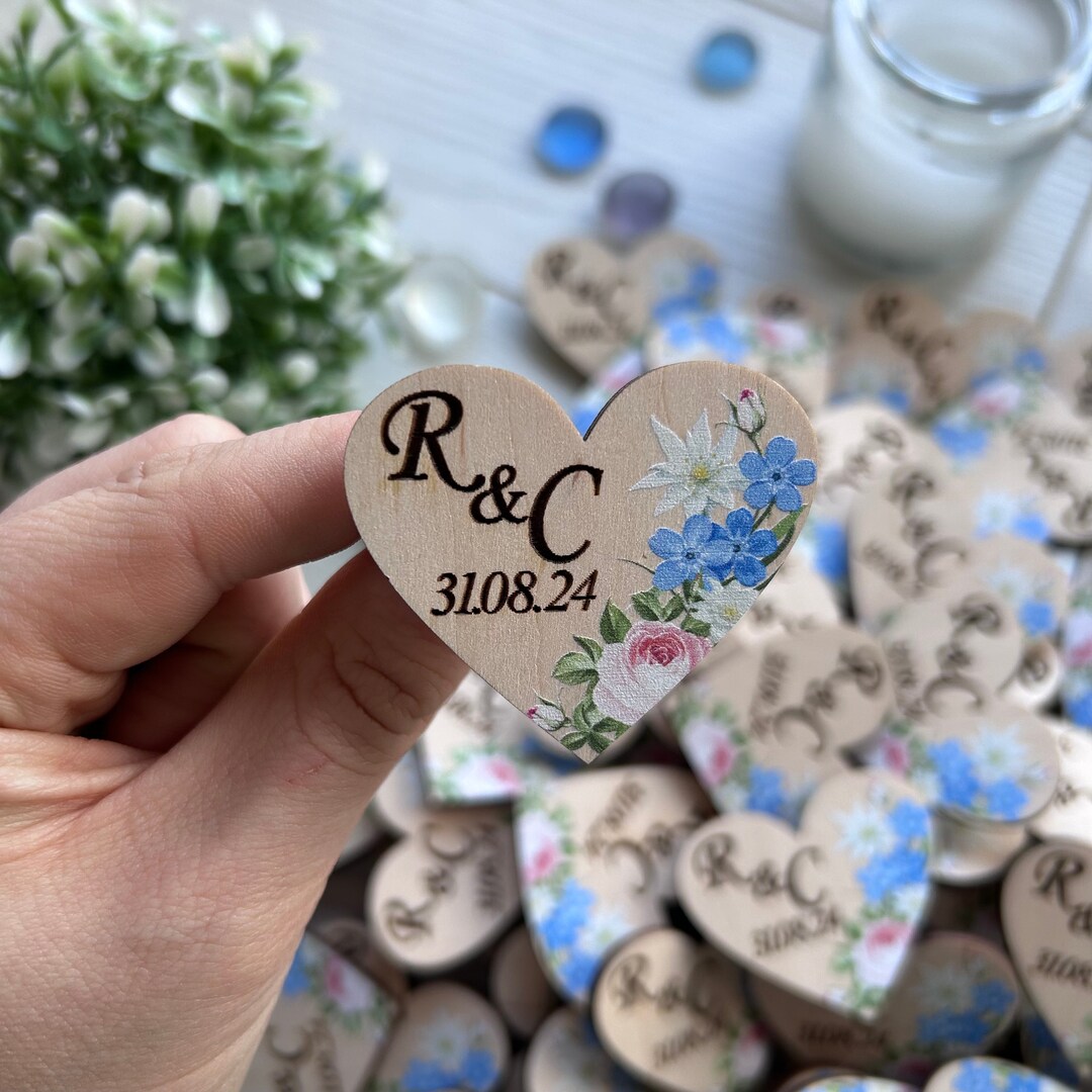 Wildflower Wedding Heart Shaped Tags, Personalized Guest Pins, Wedding ...