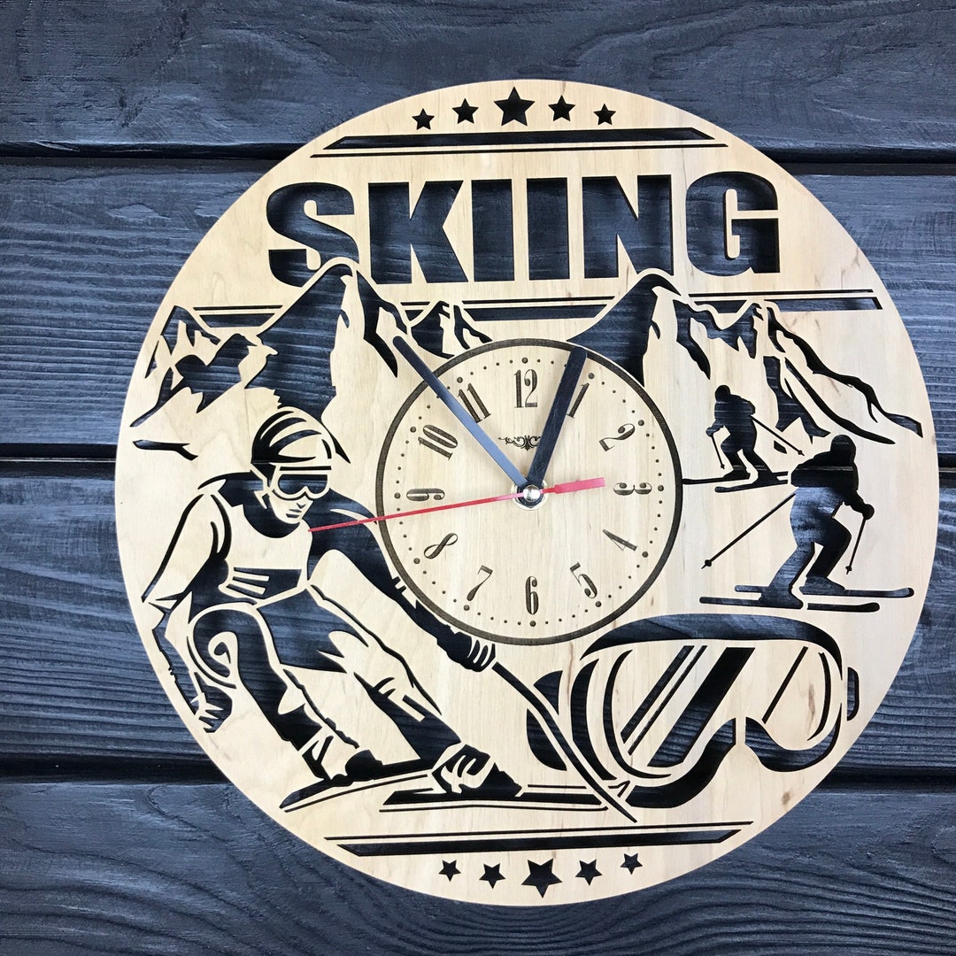 Skiing Wall Clock Wood Gift for Men Women 5th Anniversary Gift ...