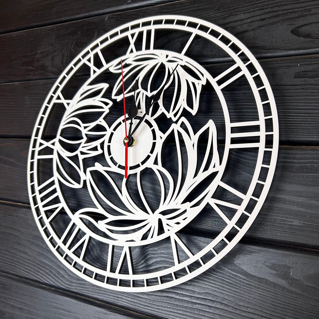 Wood Flower Wall Clock, White Wood Clock, Floral Wall Clock, Rustic ...