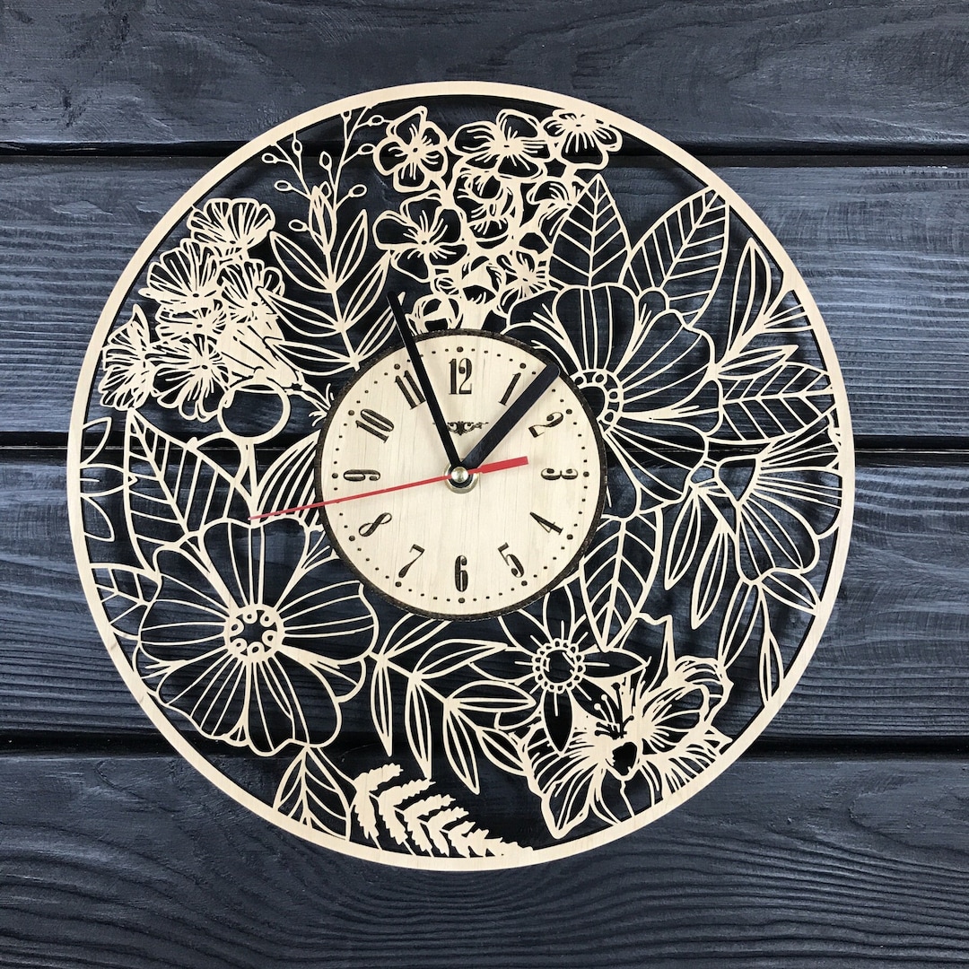 Flower Wall Clock, Wooden Wal Clock, Rustic Wall Clock, Flower Wall ...