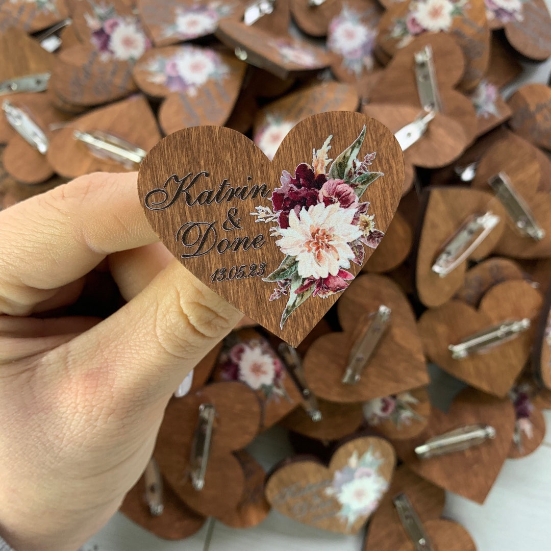 Wooden Wedding Hearts Boutonniere, Wedding Save the Date, Personalized ...