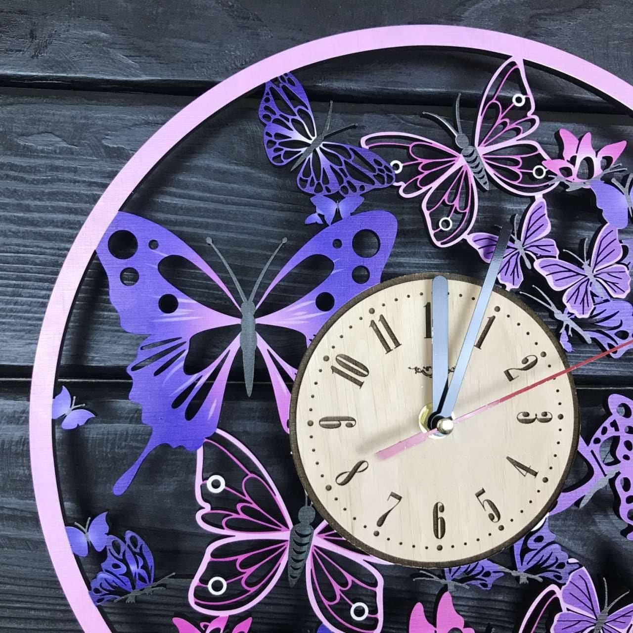 Butterfly Wall Clock, Pink Nursery Clock, Engraved Butterflies Sign ...