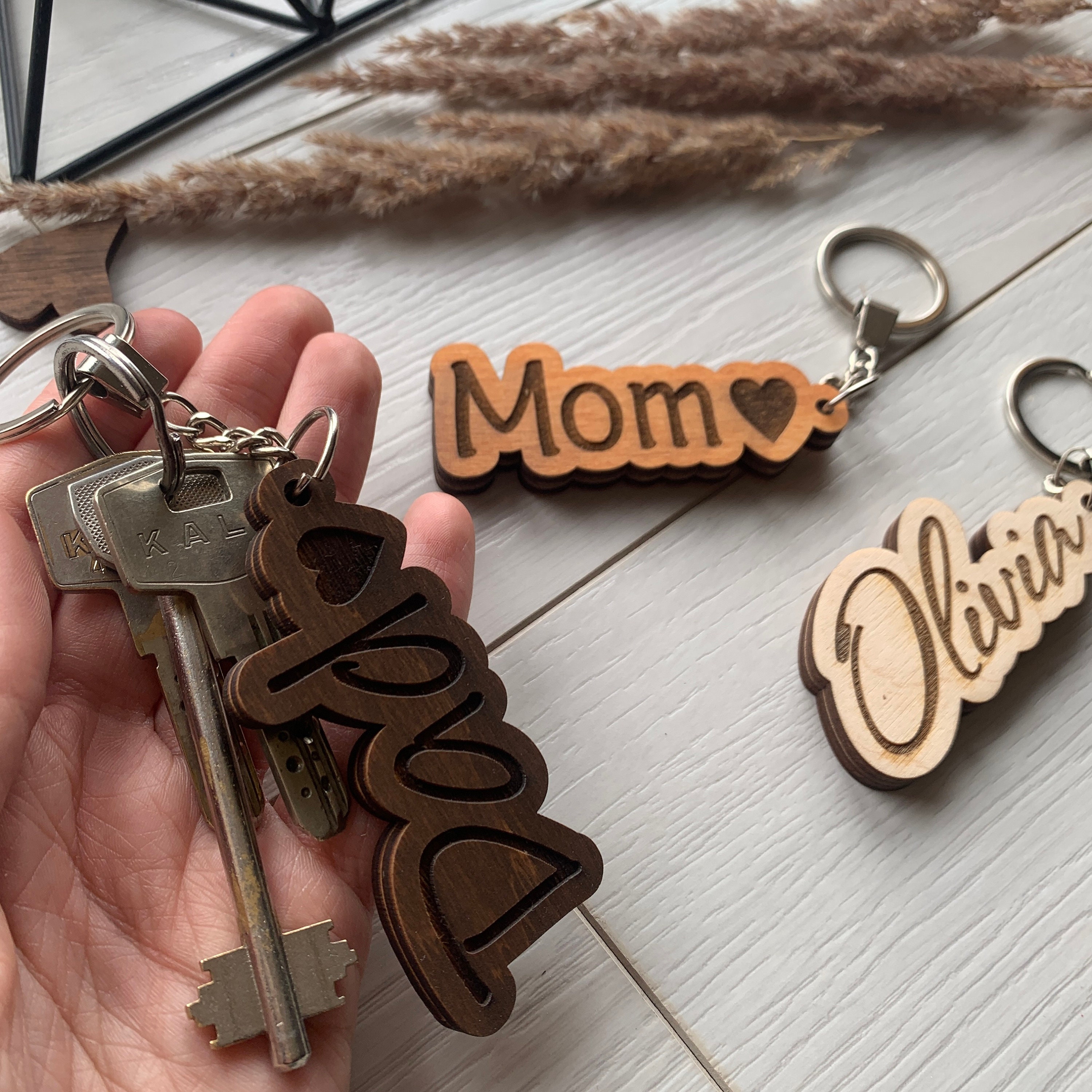 Personalized Wood Keyring, Custom Engraved Word, Boho Wood Keychain ...