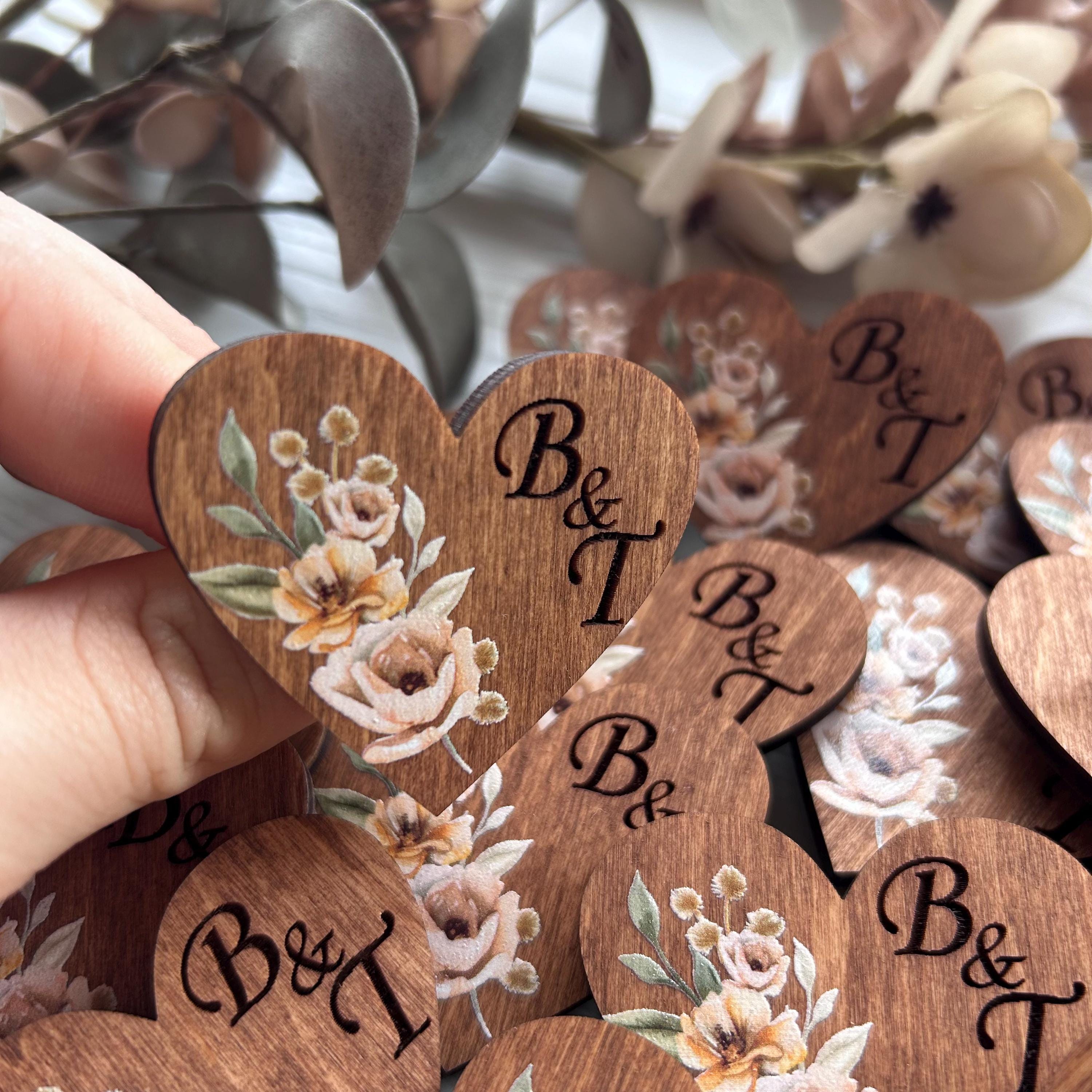 Rustic Autumn Wedding Guests Boutonnieres, Wooden Heart Name Badges ...