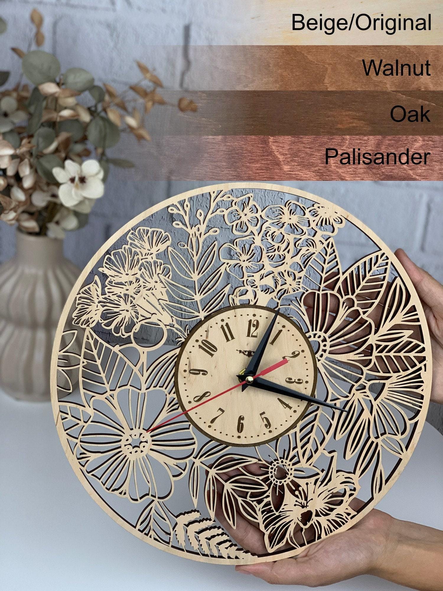 Flower Wall Clock, Rustic Wood Decor, Silent Non Ticking, Boho ...