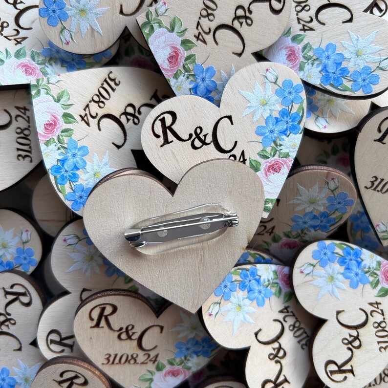 Wildflower Wedding Heart Shaped Tags, Personalized Guest Pins, Wedding ...