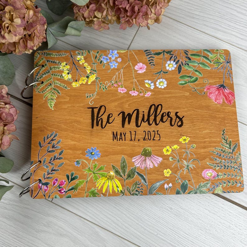 Rustic Wildflowers Guest Book, Wooden Photo Album, Hard Cover Notebook ...