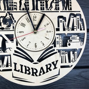 Library Wall Clock Wood Gift for Men Women 5th Anniversary Reading ...
