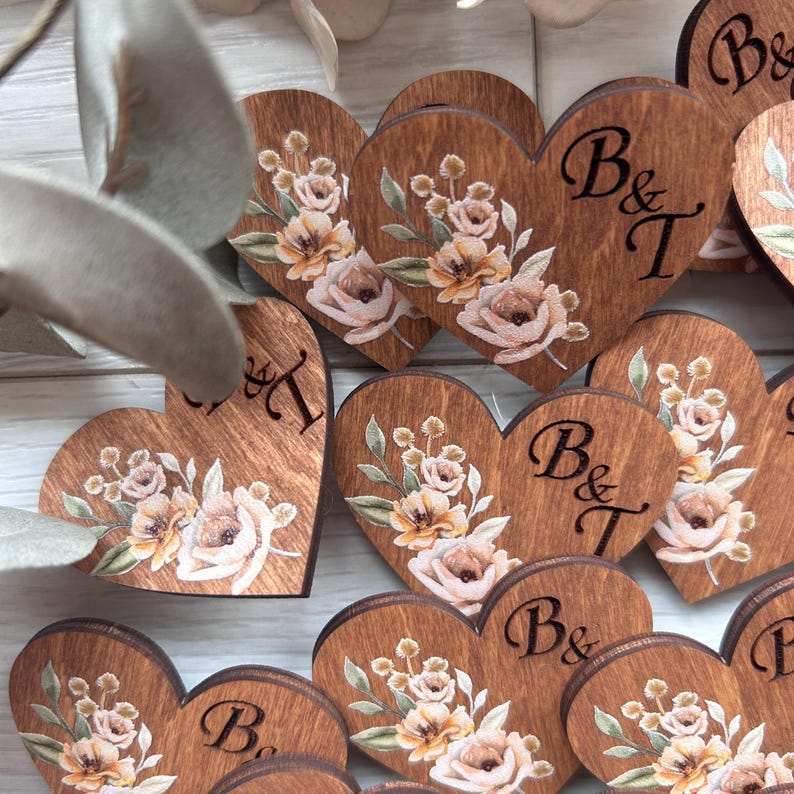 Rustic Autumn Wedding Guests Boutonnieres, Wooden Heart Name Badges ...